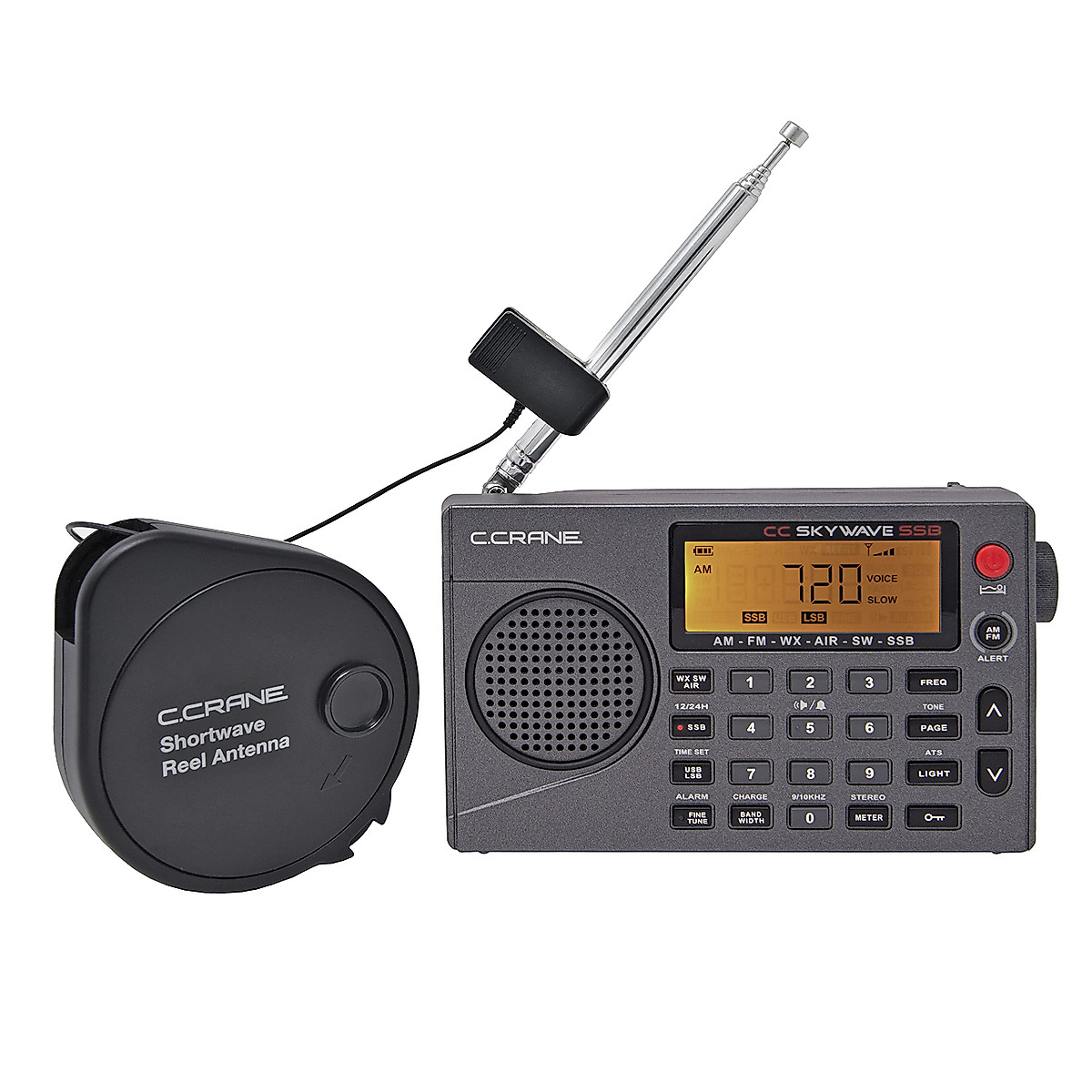 C. Crane CC Skywave SSB AM, FM, Shortwave, NOAA Weather + Alert, Scannable VHF Aviation Band and Single Side Bands Small Battery Operated Portable Travel Radio and AC Adapter