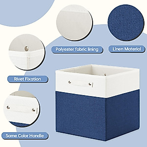 Foldable Storage Bins 13x13 Storage Cubes Fabric Linen Storage Baskets for Shelves Drawer with Handles for Organizing Closet, Utility Room, Storage Room, Nursery, Bedroom Set of 4 White & Navy Blue