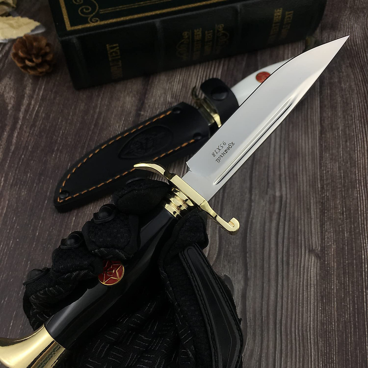 HUAAO 10.2in Fixed Blade Hunting Knife with Sheath, Bowie Knife Full Tang, 440C Blade Acrylic Handle, Survival Camping Knife for Outdoor Bushcraft (black handle)