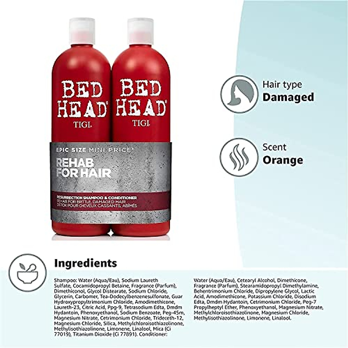 Bed Head by TIGI Urban Antidotes Resurrection Shampoo and Conditioner for Damaged Hair 25.36 fl oz 2 count