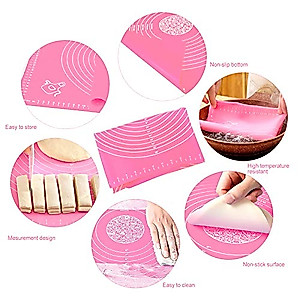 Silicone Pink 70x50cm Baking Mat Sheet Pastry Mat with Measurement, Non-Slip Pastry Rolling Mat, Non-Stick Dough Kneading Board Mat, Bread Fondant Mat, Cooking Bakeware Mat Table Placemat(Scraper)