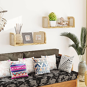 LUPWNEKA Rattan Shelf Set of 2, Cute Nursery Shelves Wall Mounted, Natural Hanging Bookshelf Storage, Boho Decorative Floating Shelves for Kids Room, Living Room, Play Room, Bedroom, Home Decor