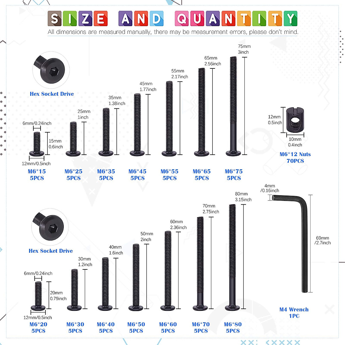 Glarks 141Pcs M6x15/ 20/25/ 30/35/ 40/45/ 50/55/ 60/65/ 70/75/ 80mm Baby Bed Crib Screws Hardware Replacement Kit, Black Hex Socket Cap Bolts Screws and Nuts Assortment Kit with a Allen Wrench