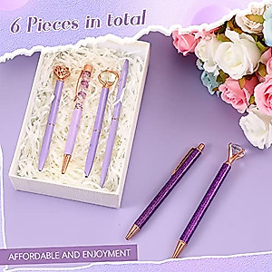 6 Pcs Ballpoint Pen Set Include Crystal Diamond Pen Slim Metal Ballpoint Pens Black Ink Stylus Pen Liquid Sand Pen Retractable Glitter Pen for Office School Gifts Wedding Party Supplies (Purple)