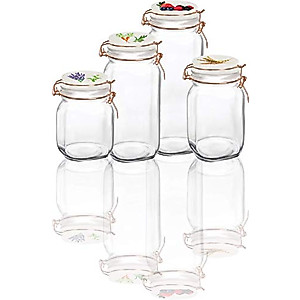 Circleware Vegetable Decal Glass Canisters Shaped with Ceramic Lids, Set of 4 Kitchen Glassware Food Beverage Preserving Containers for Coffee, Sugar, Tea, Spices, Cereal, 66 oz, 49 oz, 30 oz, 22 oz