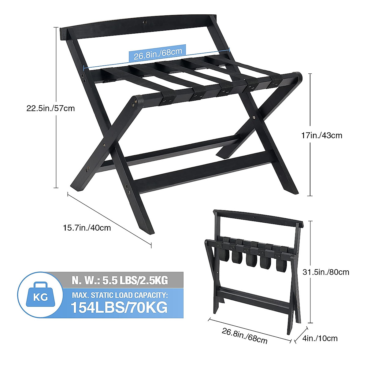 ALAPUR Bamboo Luggage Rack for Guest Room, Folding Luggage Holder with Storage Shelf , Suitcase Stand for Bedroom,Guest Room,Hotel，Black