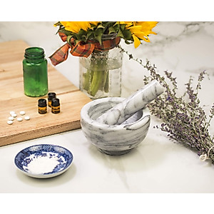 HIC Kitchen Mortar and Pestle Spice Herb Grinder Pill Crusher Set, Solid Fine-Quality Carrara Marble