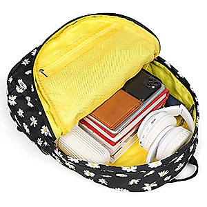 Fitmyfavo Black Daisy Daisy Printed Girl's Waterproof Laptop Backpack for Elementary to High School Students (15L, 14" Laptop Compatible, Large, Black Daisy)