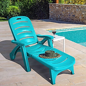 Moccha Plastic Folding Lounge Chair, 5-Position Adjustable Chaise Lounge with 2 Rolling Wheels, Armrest, Outdoor Chaise Chair for Patio, Beach, Backyard, Poolside, Home (1, Turquoise)