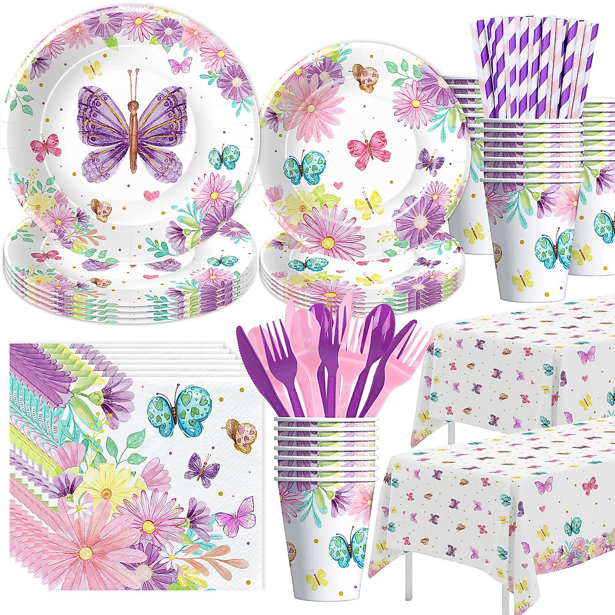 Xigejob Butterfly Party Decorations Tableware - Butterfly Birthday Party Supplies Include Plate, Cup, Napkin, Tablecloth, Cutlery, Straws, Butterfly Baby Shower Birthday Party Decorations | Serve 24