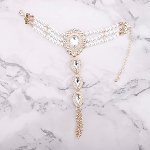 Denifery Vintage 1920S Flapper Pearl Bracelet Rhinestone Finger Ring Link Bracelet Stretch Adjustable Hand Chain for Wedding Brides