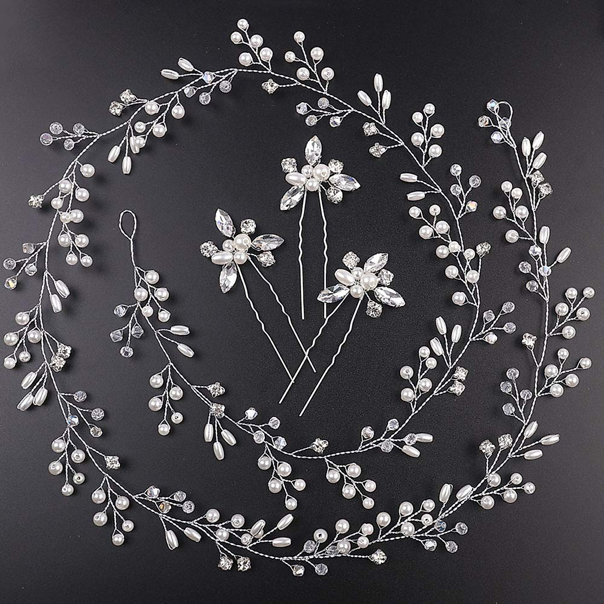 Deniferymakeup Bridal Rose Gold and Gold Silver Extra Long Pearl and Crystal Beads Bridal Hair Vine Wedding Head Piece Bridal Hair Accessories Headband Hair Jewelry Hair Accessories (Silver)