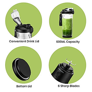 20 Oz Portable Blender, Personal Size Blender for Shakes and Smoothies, Mini Blender Cup with Rechargeable USB, Baby Food Blender, Smoothie, Juicer with 6 Blades for Home, Kitchen, Travel, Sports (Black)