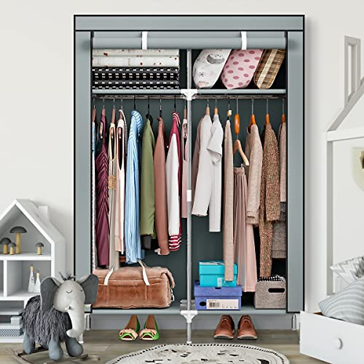 TIE-DailyNec Closet Portable Wardrobe Clothes Storage Organizer with Hanging Rails, Non-Woven Fabric Wardrobe Freestanding Storage Shelves, Durable & Easy Assembly Closet (Silver Gray)