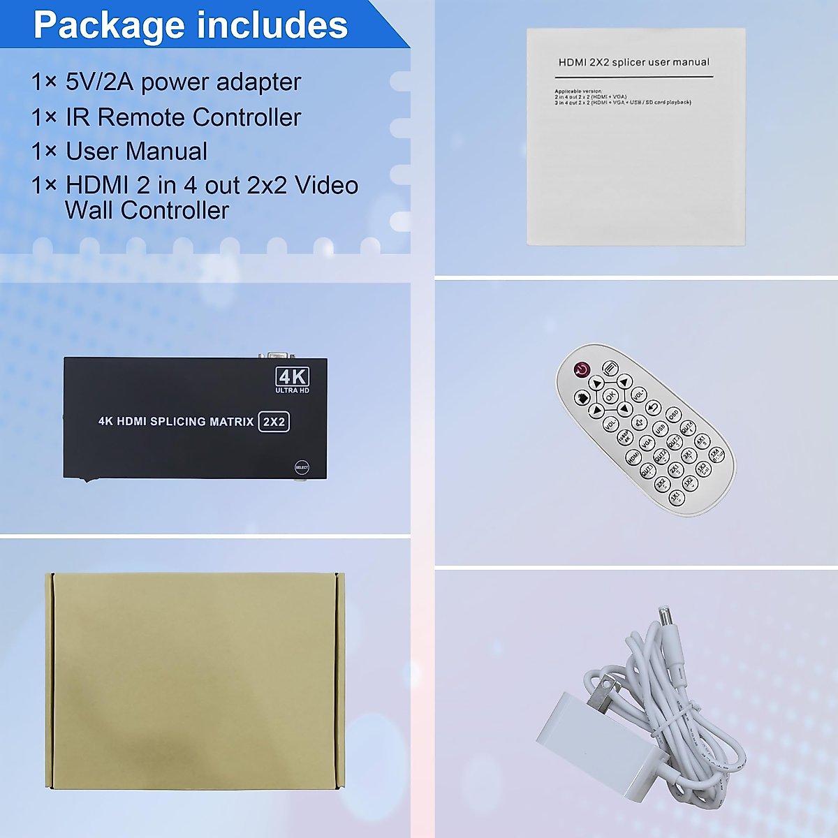 2x2 Video Wall Controller, 4K UHD Video Wall HDMI Splitter TV Wall Processor for 4 TV Splicing Display, 180 Degree Rotate and 8 Splicing Modes 2x2,1x2,1x3,1x4,2x1,3x1,4x1 with Remote Control