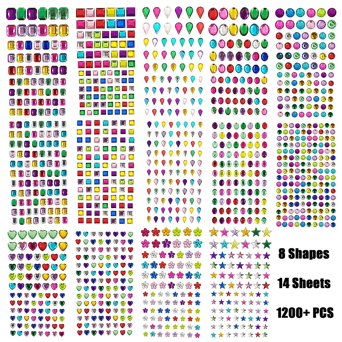 1200+ PCS Self Adhesive Gems Stickers,14 Sheets Rhinestone Stickers for DIY Craft,8 Shapes Sparkle Jewels for Nail Body Makeup Festival