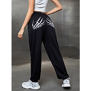 WDIRARA Women's Skeleton Hand Print Elastic Waist Long Jogger Pants Sweatpants Multicolor XL