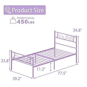 Weehom Twin Bed Frame with Headboard, Princess Bed Metal Platform No Box Spring Needed,Heavy Duty Metal Slats Support Easy Assembly for Kids Girls Adults Purple