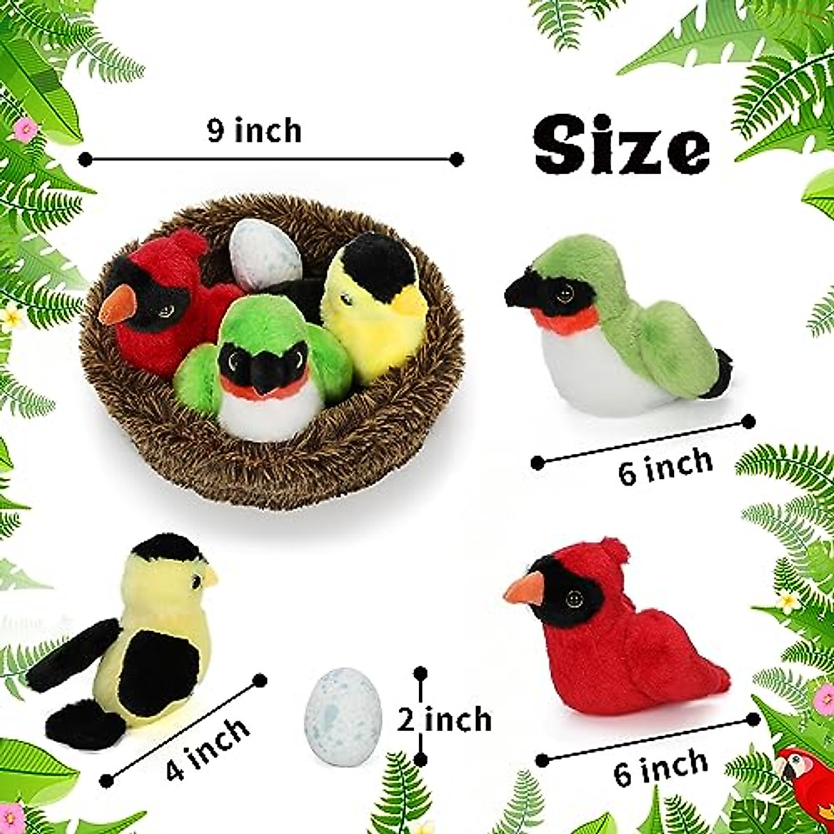 Reinbow 5Pcs Cute Stuffed Animal Bird Nest with Birds & Egg, Northern Cardinal Plush Toys, American Goldfinch Plushies, Sparrow, Bird Toys for Kids and Birders, Birthday Gift Halloween