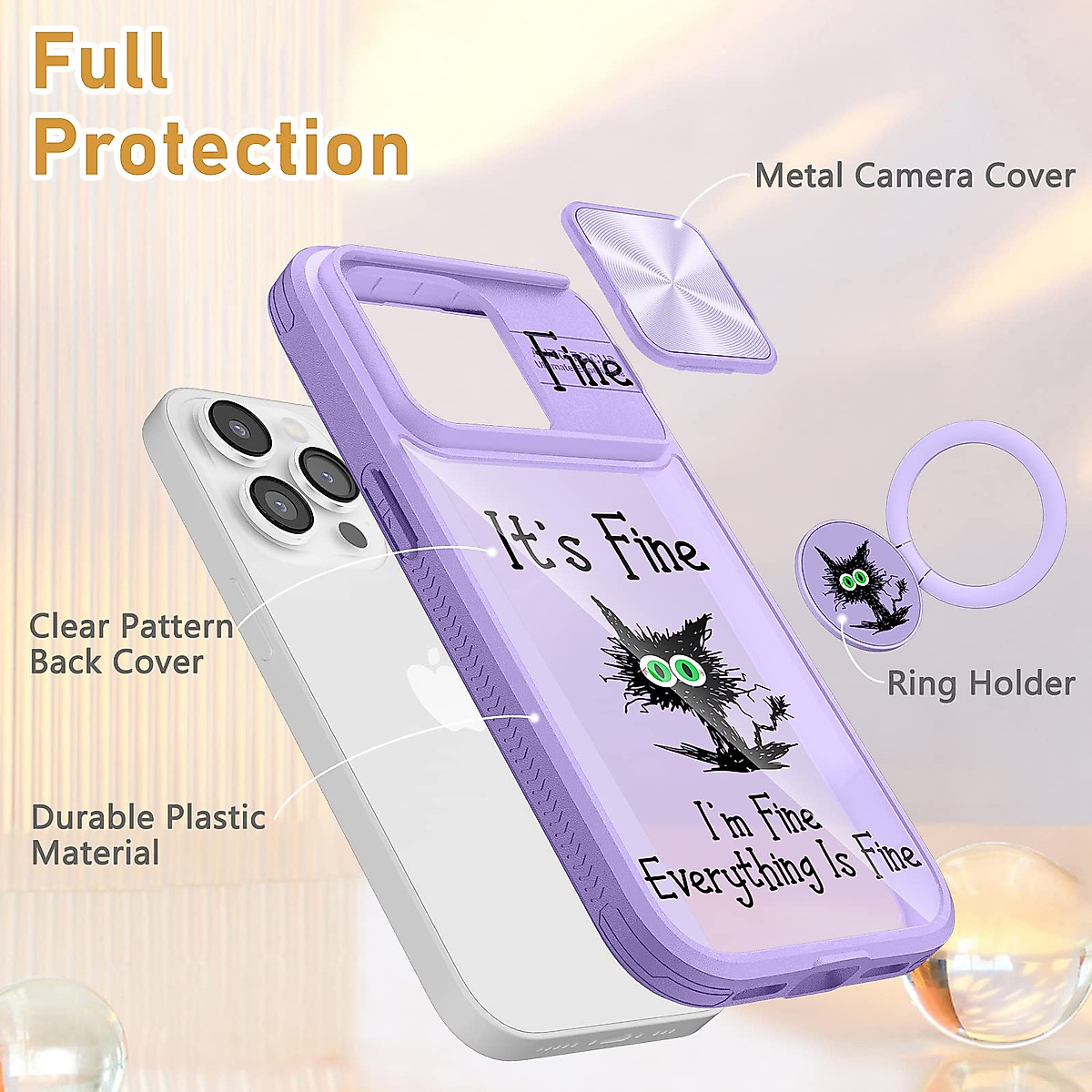 Plakill for iPhone 13 Pro Max Case Cute Stylish Designer Phone Cover with Slide Camera Cover + Ring Holder, Fine Cat Slim Protective Shockproof Hard Clear Cases for iPhone 13 Pro Max 6.7"