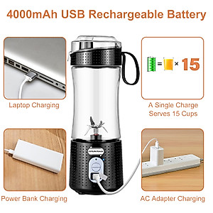 VOTSUPKITDINOK Portable Blender for Shakes and Smoothies, USB Rechargeable Personal Blender with 6pcs 3D Blades, Strong Blending Power, 13.5Oz & Cleansing Brush for Travel, Office and Sports - Black