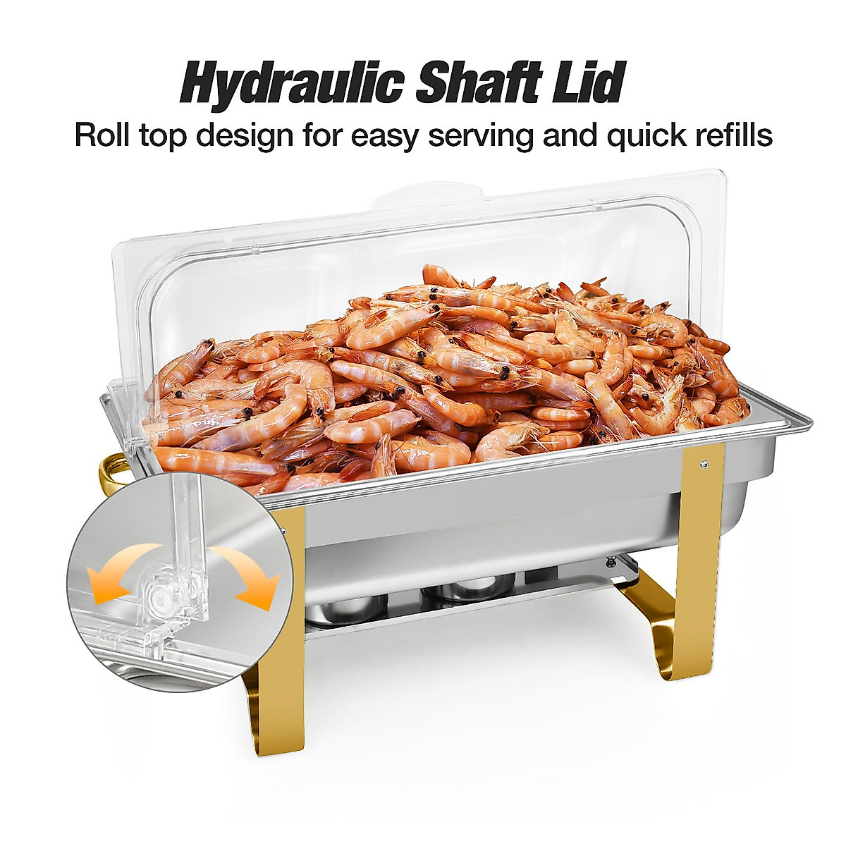 Restlrious Chafing Dish Buffet Set with Roll Top Plastic Cover 2 Pack, Stainless Steel 8 QT Rectangular Chafers and Buffet Warmers Complete Set w/Food Pan Water Pan, Fuel Holder in Gold Accent