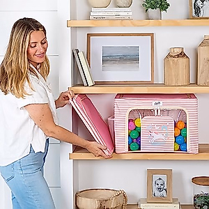 Foldable Big Toy Chest for Boys & Girls - Stylish Oxford Cloth Bedroom Play Room Organization Collapsible Storage Box with Side Pocket & Window - Versatile Kids Toy Bin - Pink, 19.7" x 15.7" x 13.0"