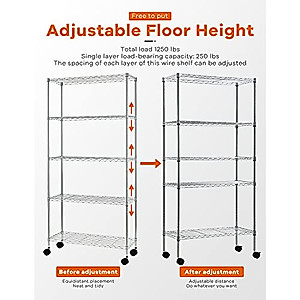 MGHH 5 Tier Garage Shelving, Metal Shelves Wire Shelving Unit Adjustable Heavy Duty Sturdy Steel Shelving Rolling Cart with Casters for Pantry Garage Kitchen (Chrome, 14" D x 30" W x 60" H)