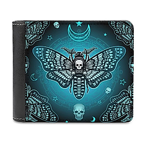 Donnapink Blue Moth Dead Head, Mystical Circle, Skull, Moon, Stars Occultism Leather Bifold Wallet Coin Purse Soft Stylish Credit Pass Case Card-Holder for Boy Girl Men Woman Money Storage