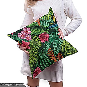 Ambesonne Exotic Fabric by The Yard, Hibiscus Plumeria Palm Leaves Monstera Tropic Amazonian Plants, Decorative Fabric for Upholstery and Home Accents, 1 Yard, Green Pink