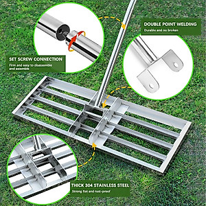Opmeiro 30'' x 10'' Lawn Leveling Rake: Stainless Steel Lawn Level Tool with Adjustable 87'' Extra Long Handle - Leveling Rakes for Backyard Garden Yard Golf, silver