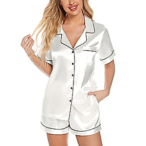 Leikar Womens Silk Satin Pajamas Shorts Set Bride Pajamas Button Down Pjs Loungewear Set S-XXL White
