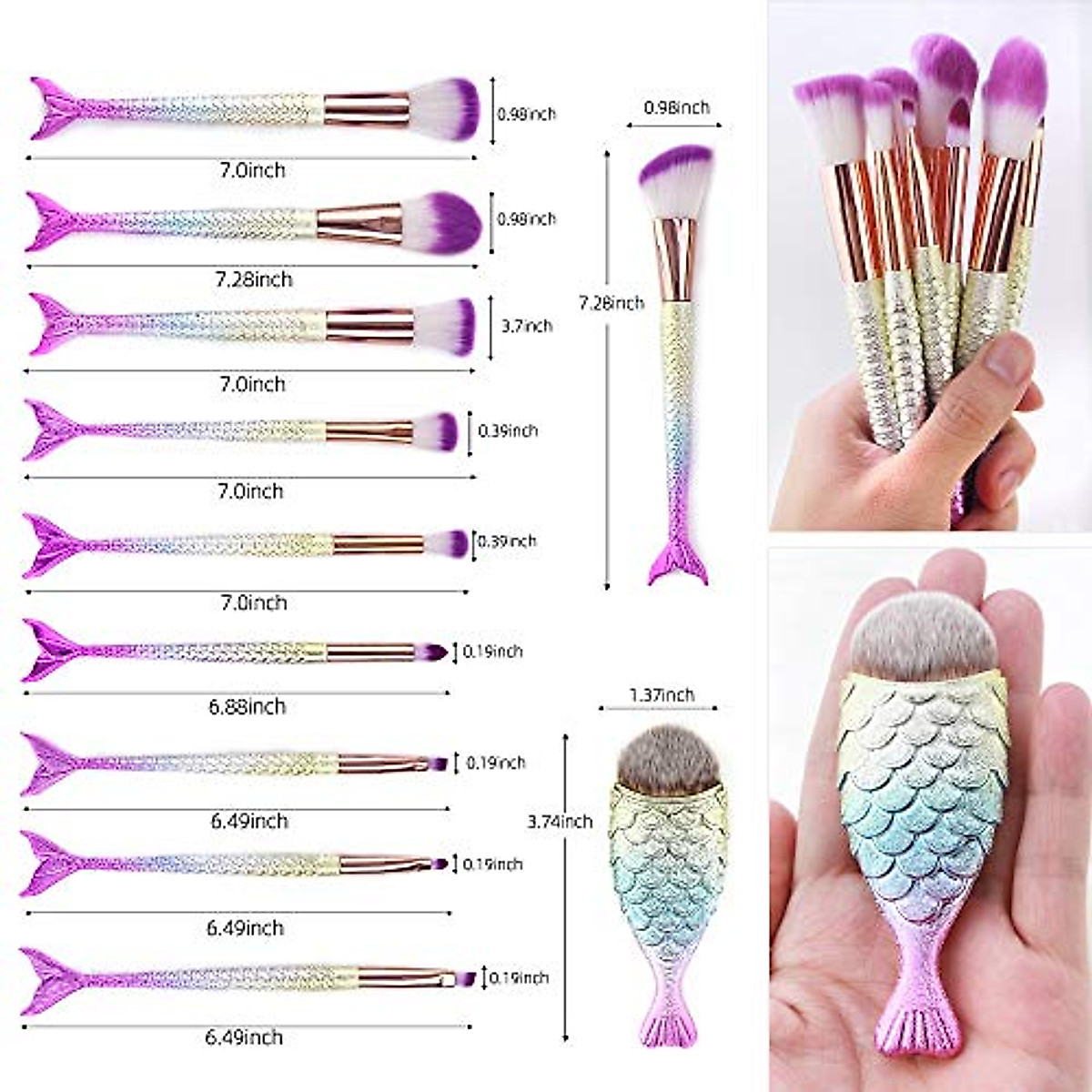 Mermaid Makeup Brushes, 11pcs Professional Blending Blush Concealer Synthetic Fiber Bristles Brush Special Cosmetic Brushes Kits for Women(purple)