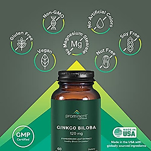 Prominent Nutrition Ginkgo Biloba 120mg - Ginkgo Biloba Leaf Extract, Herbal Supplements to Help Support Memory & Focus- Vegan, Non-GMO, Gluten-Free, Soy-Free, 60 Day Supply