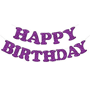 Purple Happy Birthday Banner - NO DIY -Purple Glitter Birthday Party Banner - Pre-Strung -Purple Birthday Garland Ready to Use Purple Birthday Party Decorations & Decor