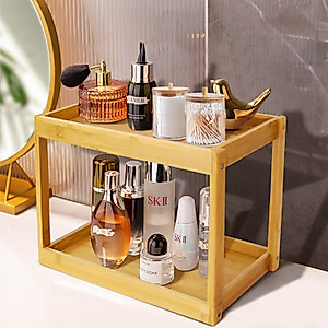 Bamboo 2-Tier Countertop Organizer, Multi-Function Wooden Storage Tray for Bathroom, Kitchen, Bedroom, Dresser; Wood Under-Sink Container, Home Storage Holder Lotion Makeup Cosmetics Perfume Vanity