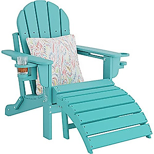 Sundale Outdoor All-Weather Adirondack Chair and Ottoman Set with 2 Concealable Cup Holders 1 Stylish Pillow 400 Capacity Perfect for Patio Garden Pool Yard, Plastic, Turquoise