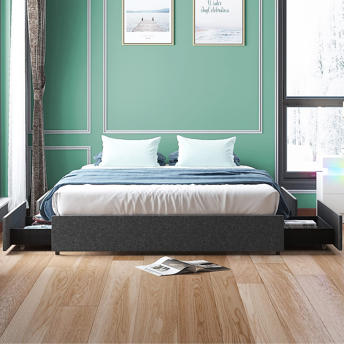 Mixoy Cal King Bed Frame with Four Storage Drawer,Platform Bed Frame with Linen headboardand and Footboard with Drawers, Wood Slats Support.No Box Spring Needed/Easy Assembly(Cal King,Dark Grey)