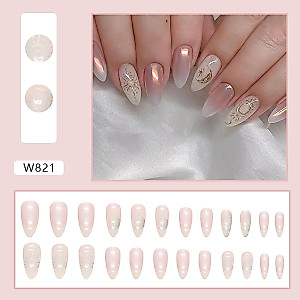 24Pcs Almond Press on Nails Medium Ombre Pink Fake Nails Gold Star Moon Nail Glossy Designs Nail Art Supplies Full Cover Artificial Nail Glue on Nails French False Nails for Women Girls Acrylic Nail