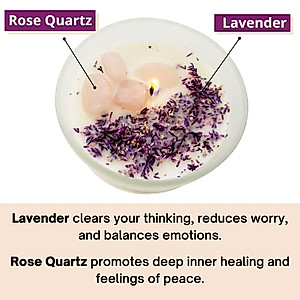 Crystal Vibe Healing Crystal Candle With Rose Quartz Crystals and Lavender Petals - Natural Soy Wax Lavender Scented Candle With Crystals Inside for Home Décor Clearance - Aromatherapy Meditation