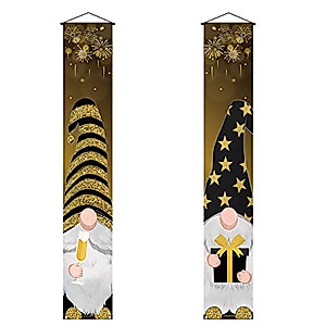 Happy New Year Gnome Porch Banner 2023 New Year's Eve Christmas Holiday Front Door Sign Wall Hanging Party Decoration