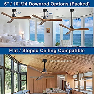 ReLa Mall 52in Ceiling Fan with Remote Control, Indoor Outdoor, Black Ceiling Fan No Light, Walnut Wood Blades, Reversible Motor for Bedroom Patios Kitchen Living Room Farmhouse