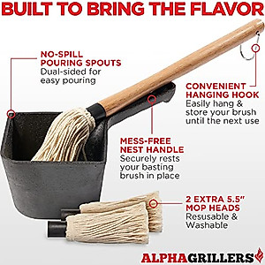Alpha Grillers Cast Iron Pot & BBQ Brushes for Sauce - 24 oz Cast Iron Saucepan & Basting Brush BBQ Mop - Gifts for Dad - Premium Cast Iron Cookware & Grilling Accessories