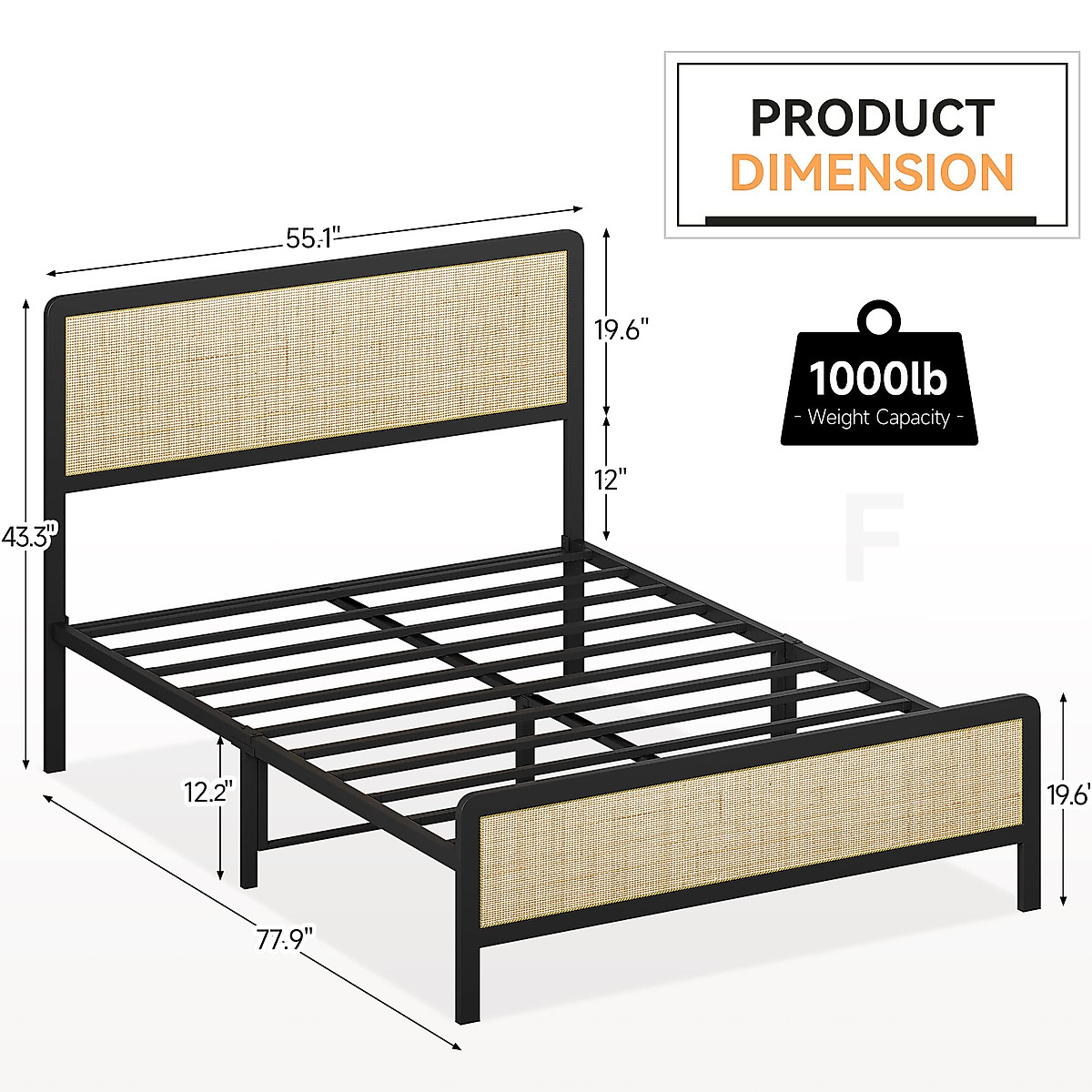 Alkmaar Full Size Metal Bed Frame with Rattan Headboard and Footboard, Platform Bed Frame with Safe Rounded Corners, Under Bed Storage, Strong Metal Slat Support, No Box Spring Needed