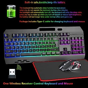 Wireless RGB Backlit Gaming Keyboard and Mouse, Rechargeable, Long Battery Life, Metal Panel Mechanical Feel Keyboard with Palm Rest, 7 Color Mouse and Mouse Pad for Game and Work