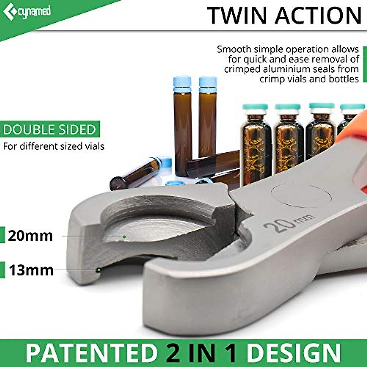 Cynamed Twin Action Decapper Pliers - Perfect for Decapping 13mm and 20mm Crimped Vials and Bottles