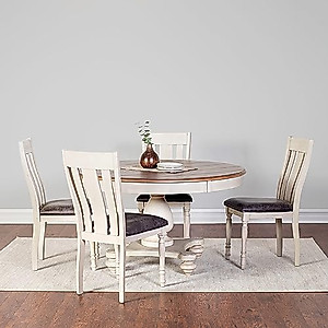 Roundhill Furniture Arch Solid Wood Dining Set: Round Table, Four Chairs, Distressed White and Dark Oak
