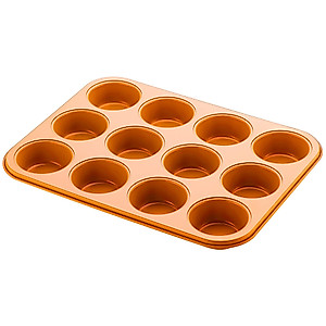 Copper Muffin Pan 12 Cups Non Stick Ceramic Coated Professional Healthy cupcake pans Even Baking, Dishwasher and Oven Safe
