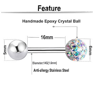 ZHIYAOR Anti-allergy Surgical Steel Tongue Rings Women Handmade Epoxy Crystal Piercing Barbells 14G 16mm (AB+Blue+Pink+White)