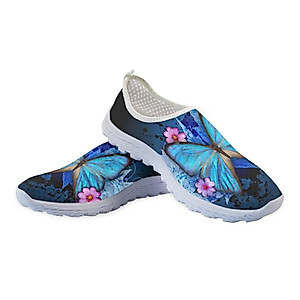 GOSTONG Blue Butterfly Print Womens Tennis Shoes Floral Trainers Summer Fashion Sneaker Comfortable Breathable Athletic Shoe Light Weight Memory Foam Mesh Shoes